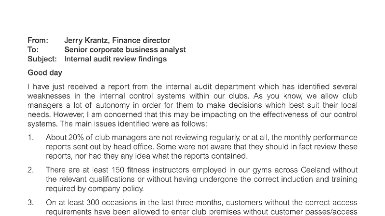 Email from Finance Director: Internal Audit Review Findings - Studocu