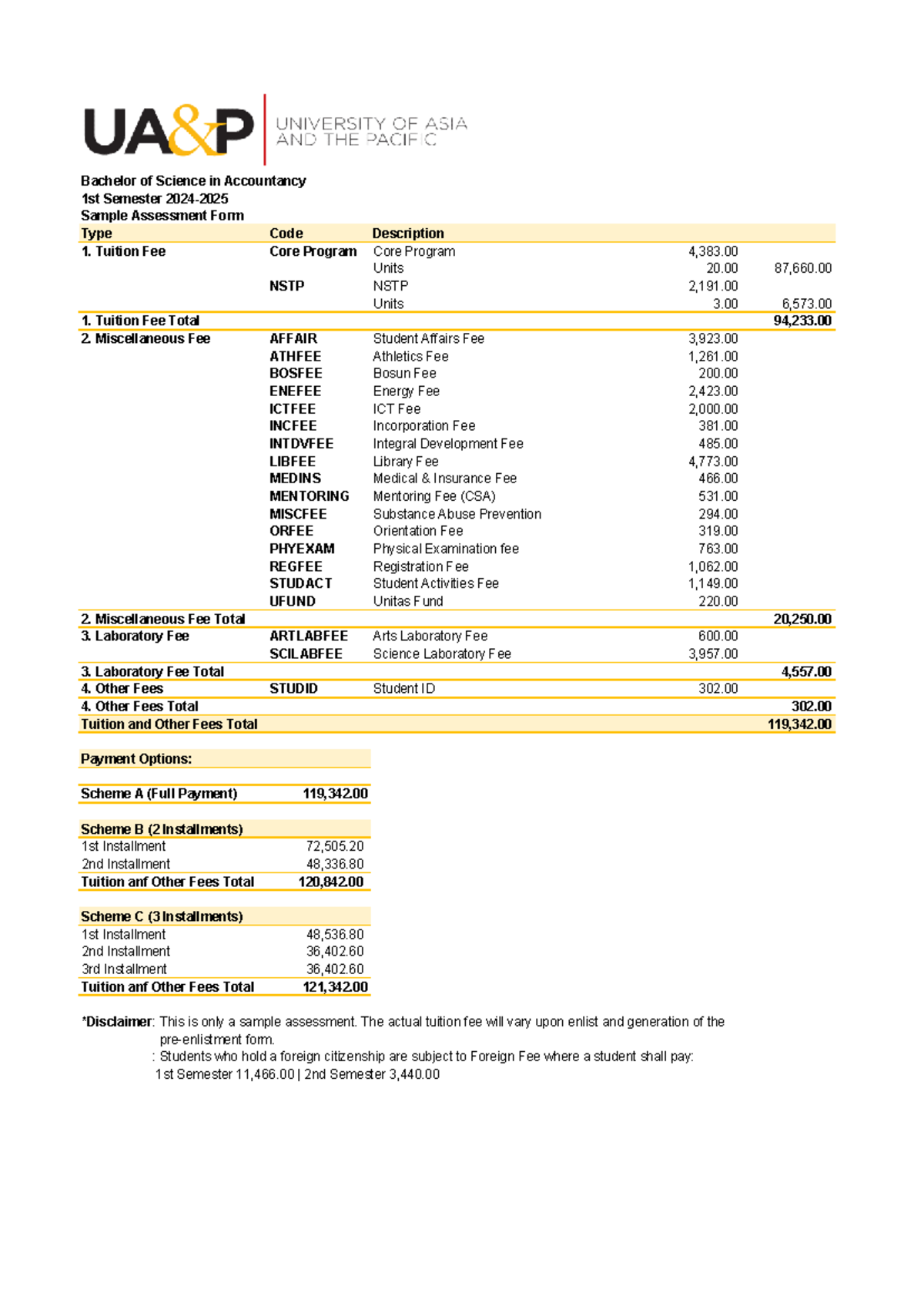 BS in Accountancy 1st Sem Sample Assessment Form & Fees - Studocu