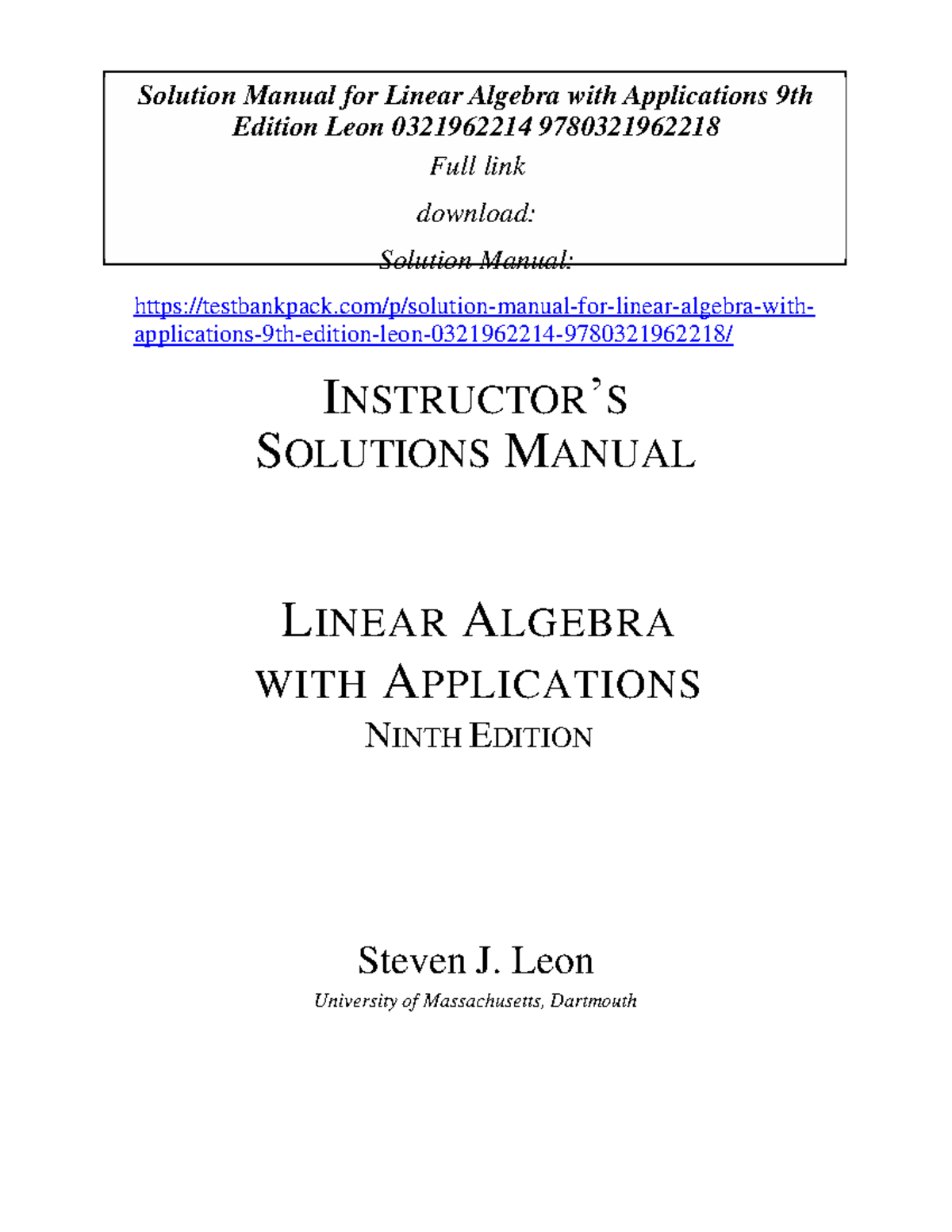 Solution Manual: Linear Algebra with Applications (9th Ed) by Leon ...