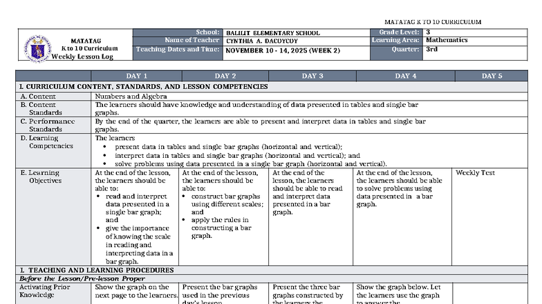 DLL Matatag MATH 3 Q3 W2 - Weekly Lesson Log for Grade 3 - Studocu