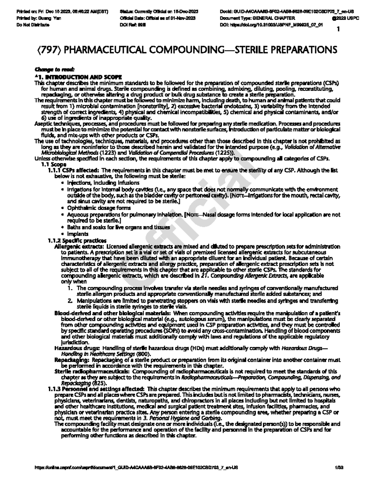 USP 797 - Compounding Sterile Preparations: Standards & Guidelines Overview - Studocu