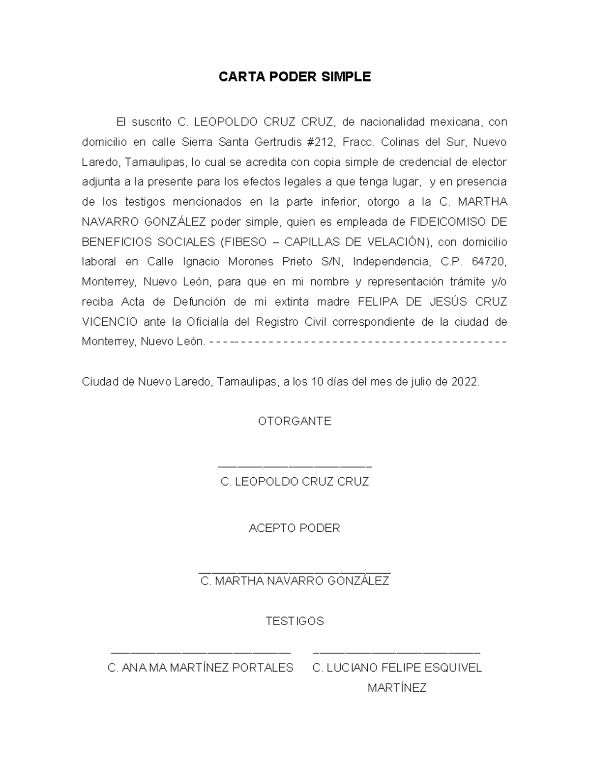 Carta poder simple - CARTA PODER SIMPLE El suscrito C. LEOPOLDO CRUZ ...