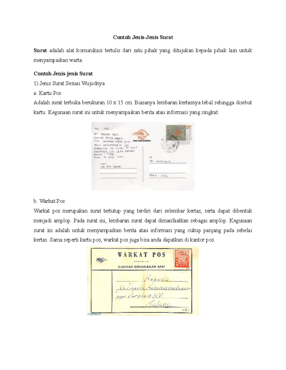 Contoh dan Jenis Surat: Kartu Pos, Warkat, Bersampul, dan Telegram ...