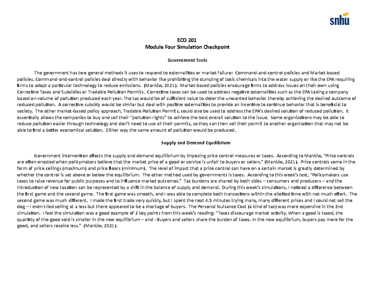 Module 4 Simulation Checkpoint Assignment - ECO 201 Module Four Simulation Checkpoint Government ...