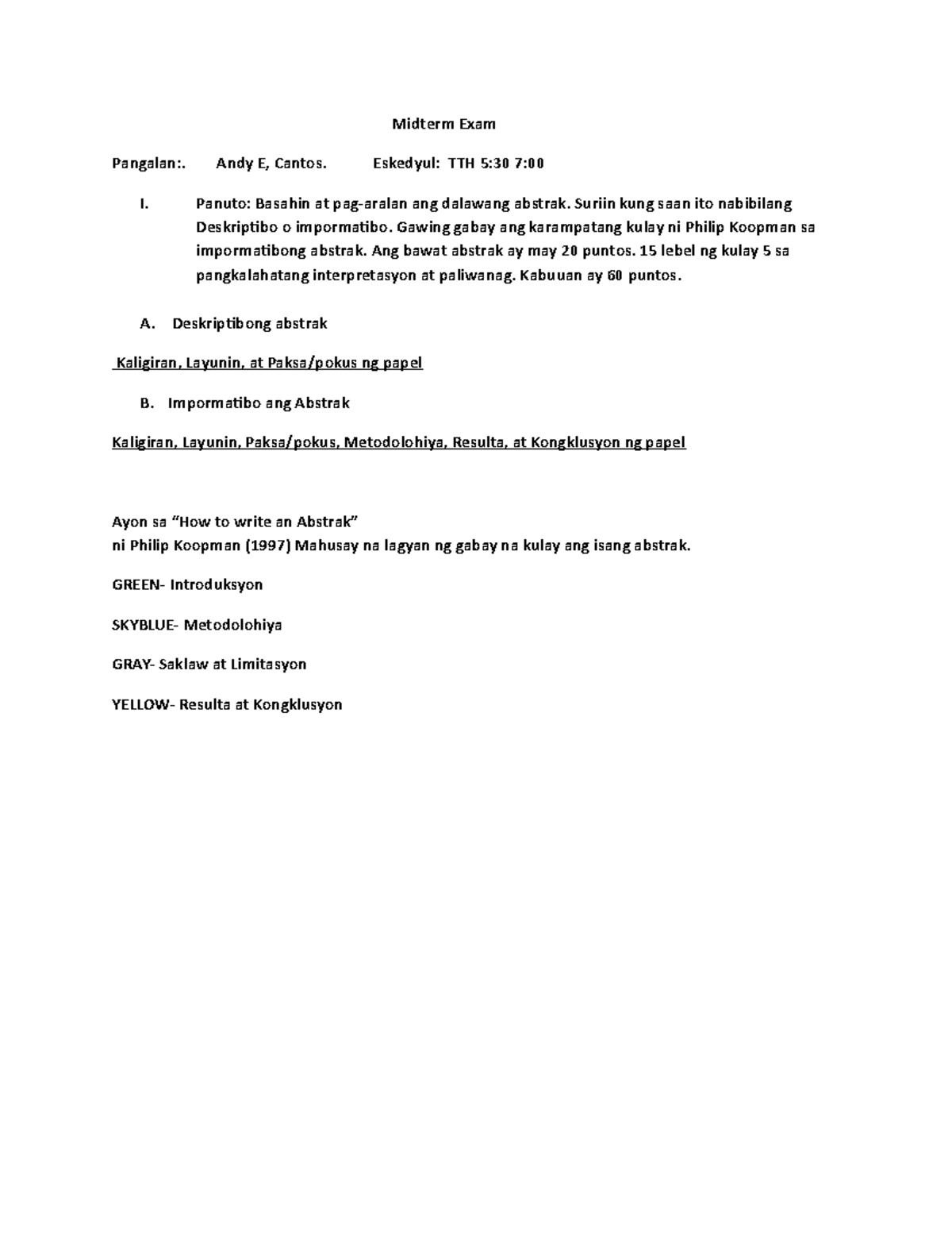 Midterm Exam: Pagsusuri ng Dalawang Abstrak sa Wika at Panitikan - Studocu