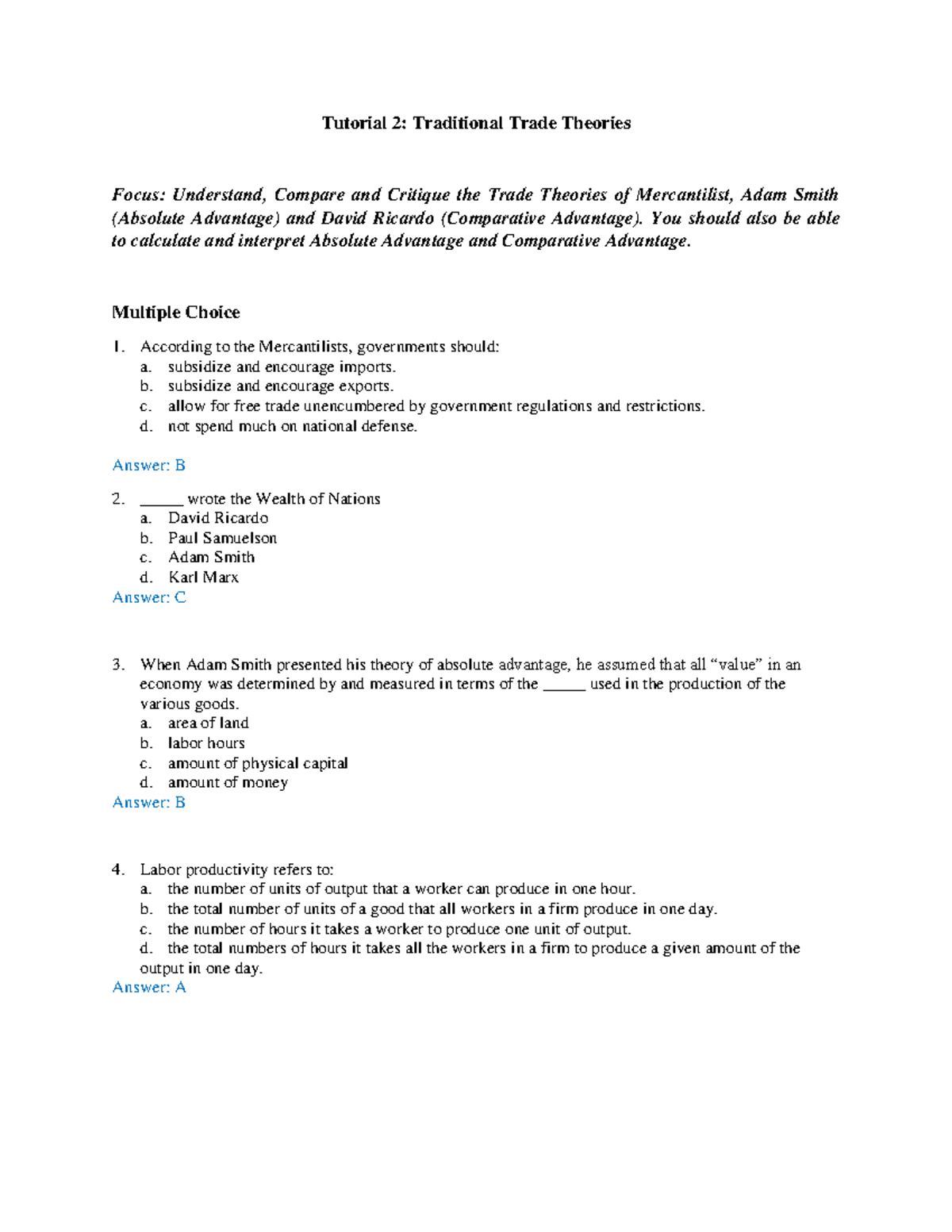 EC306 Tutorial 2: Solutions to Trade Theories & Calculations - Studocu