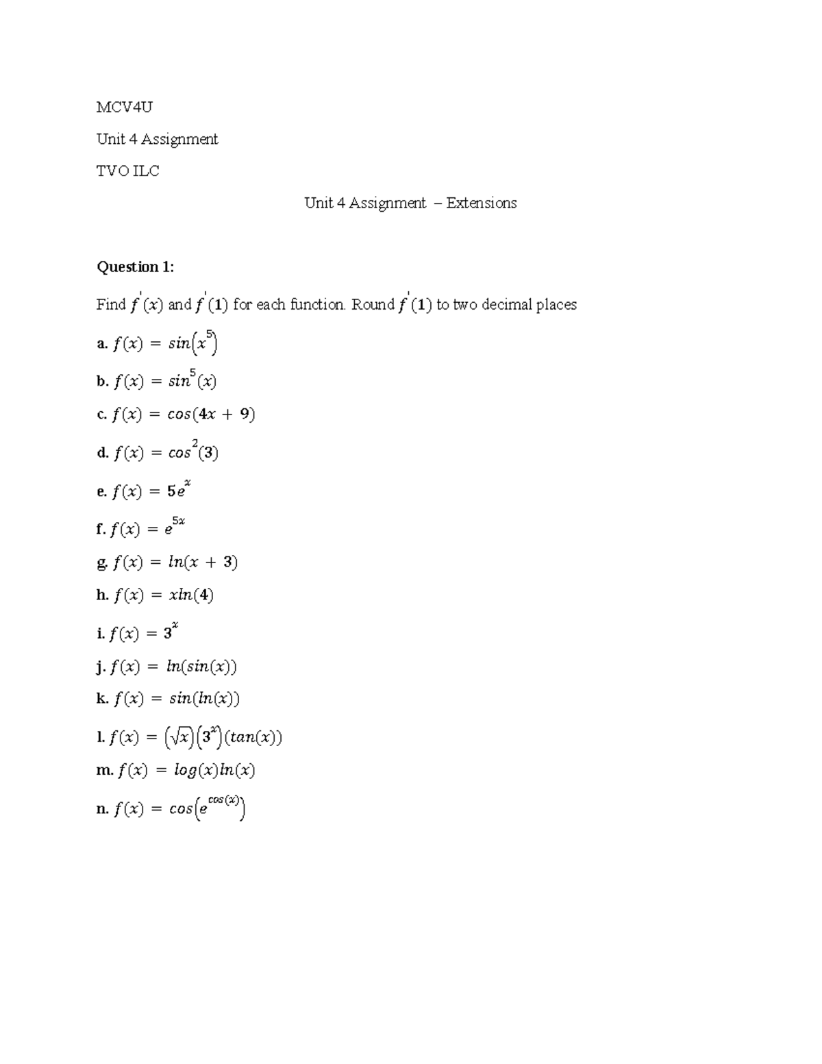 MCV4U TVO ILC Unit 4 Assignment – Function Analysis and Derivatives ...