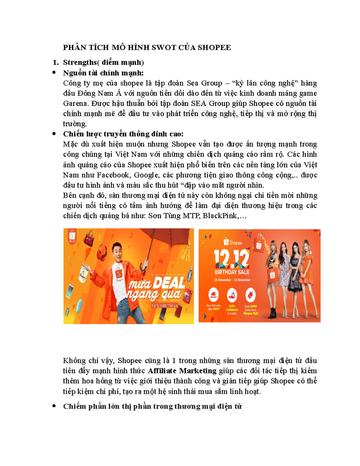 PHÂN TÍCH SWOT CỦA SHOPEE TRONG THƯƠNG MẠI ĐIỆN TỬ - Studocu