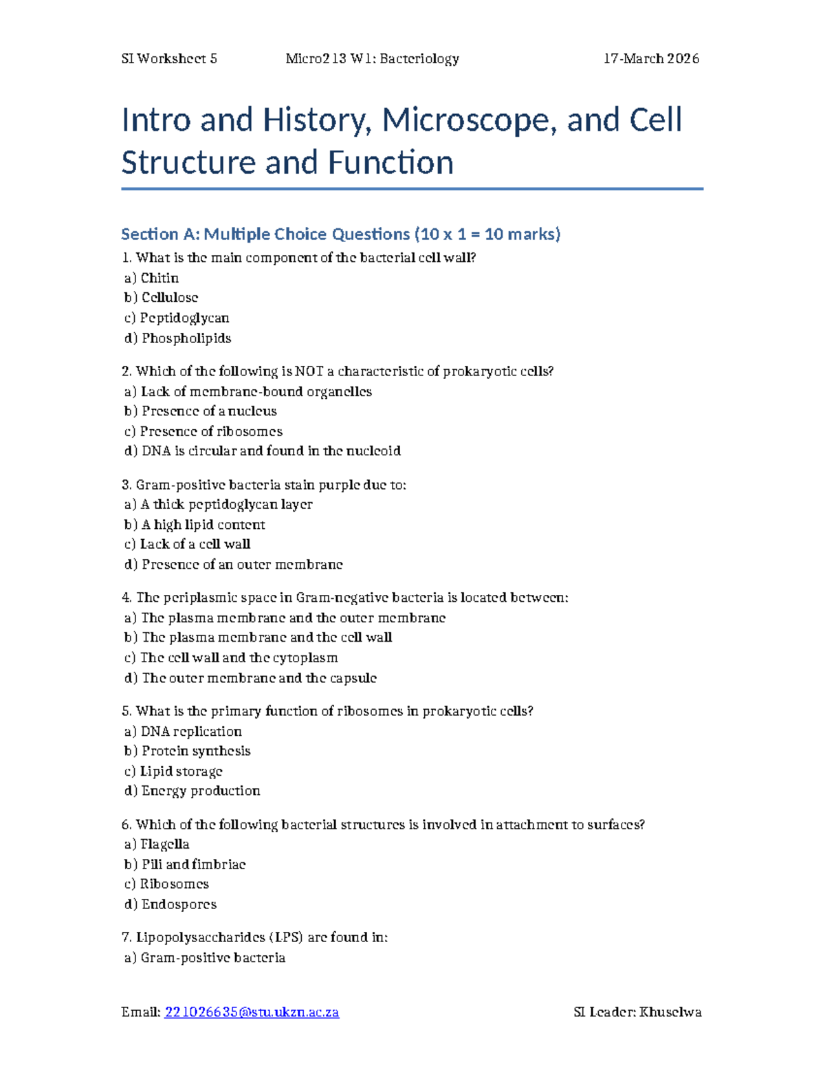 SI Worksheet 5 MICR213 W1: Bacteriology 2026 Revision & MCQs - Studocu