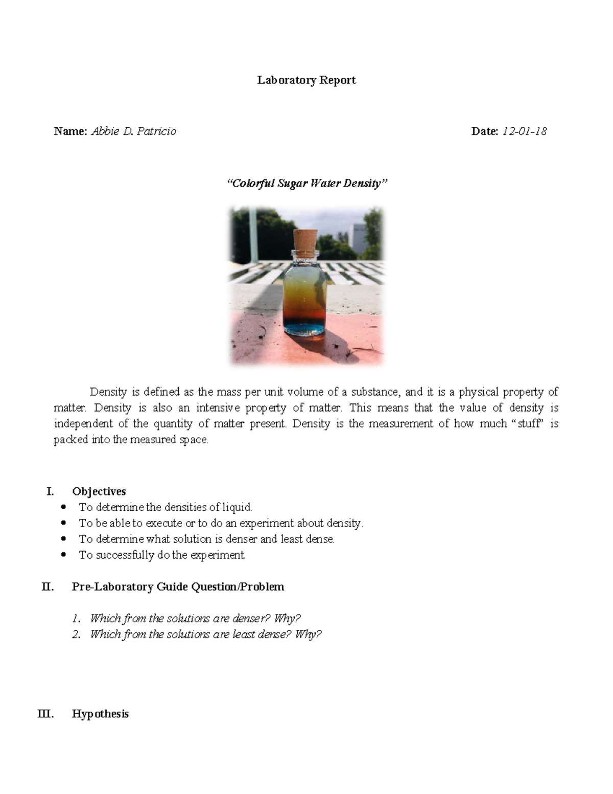 Laboratory Report: Sugar Water Density Experiment (Lab Code: SCI101 ...