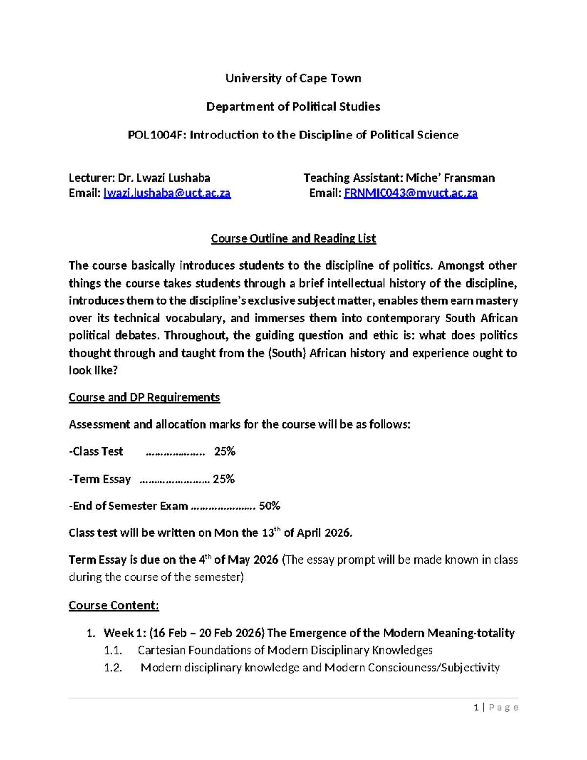 POL1004F: Intro to Political Science Course Outline & Readings - Studocu