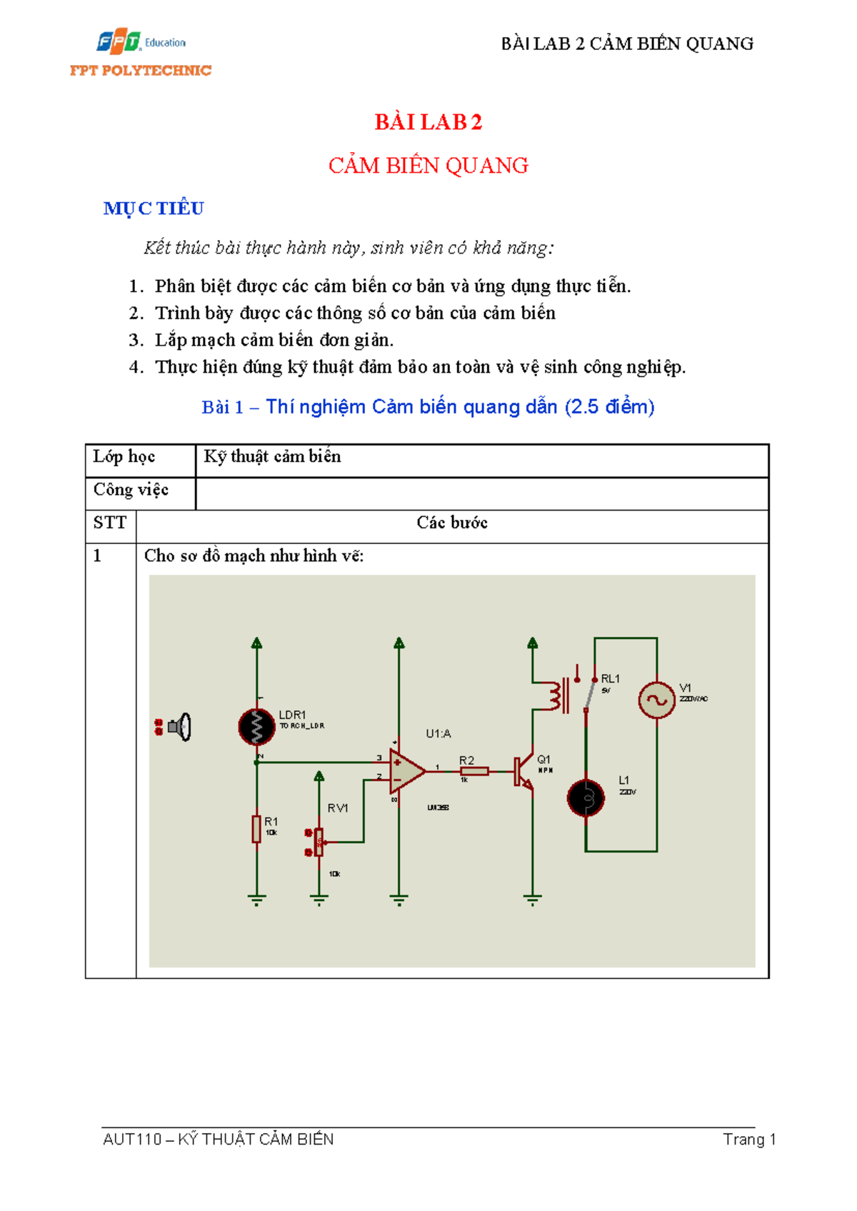 Bài Lab 2: Cảm Biến Quang - Kỹ Thuật Cảm Biến AUT110 - Studocu