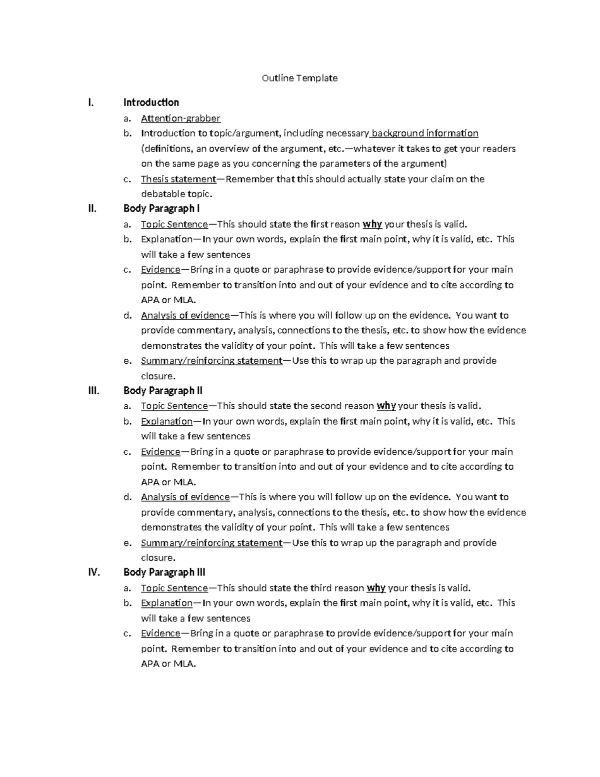 Outline Template - Introduction a. Attention-grabber b. Introduction to ...