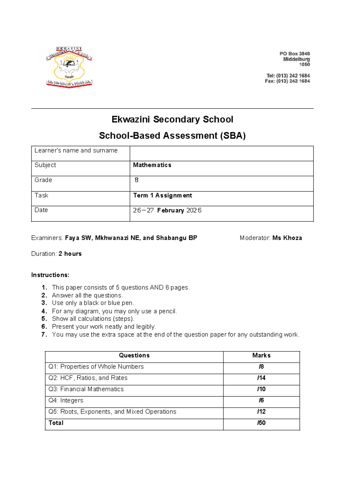Mathematics Grade 8 Term 1 Assignment - Ekwazini Secondary School - Studocu
