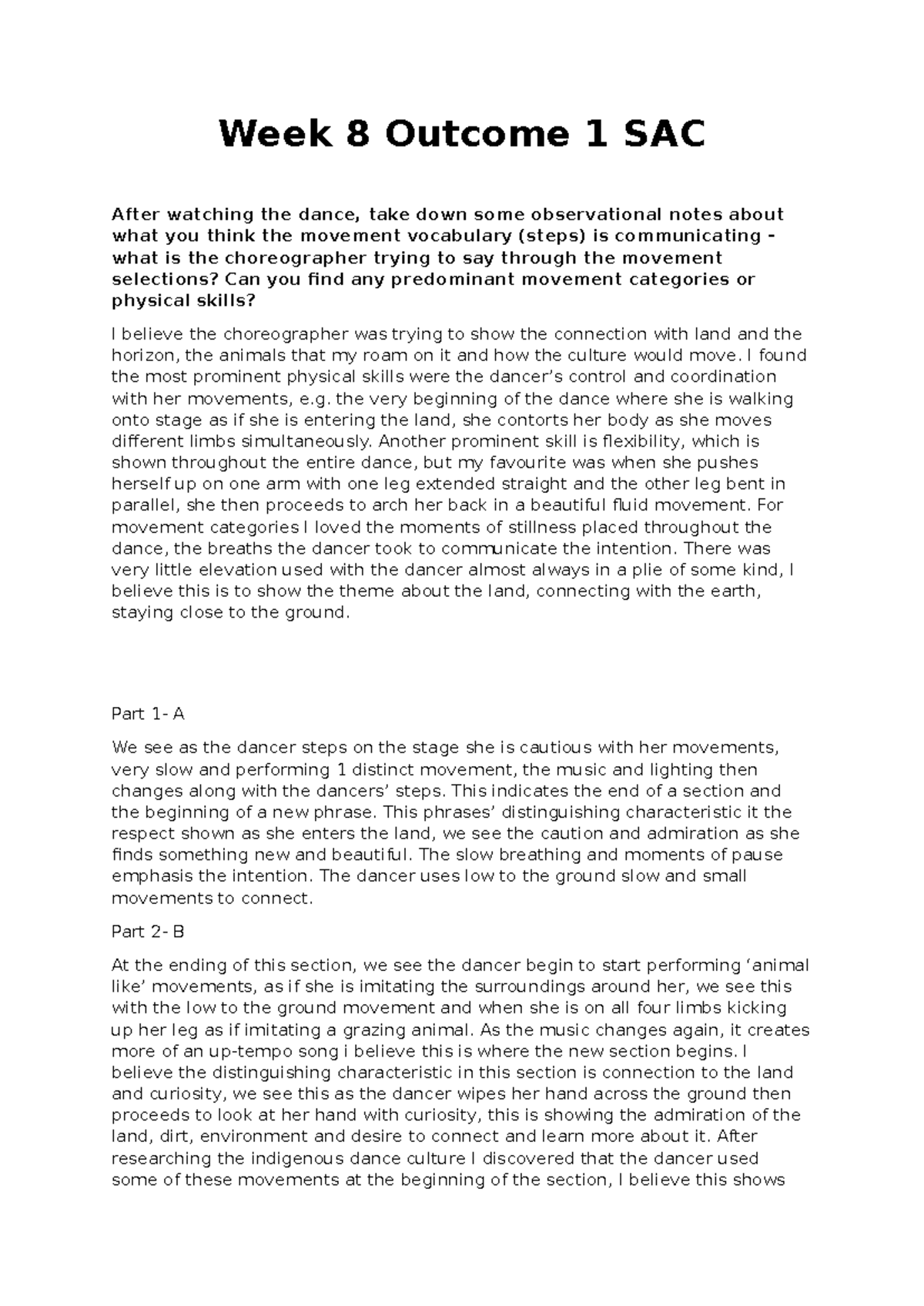 Week 8 Outcome 1 SAC: Observational Notes on Dance Movement Vocabulary ...