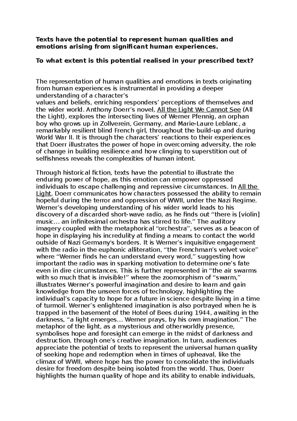 ENG 101 Essay: Exploring Hope and Resilience in "All the Light We ...