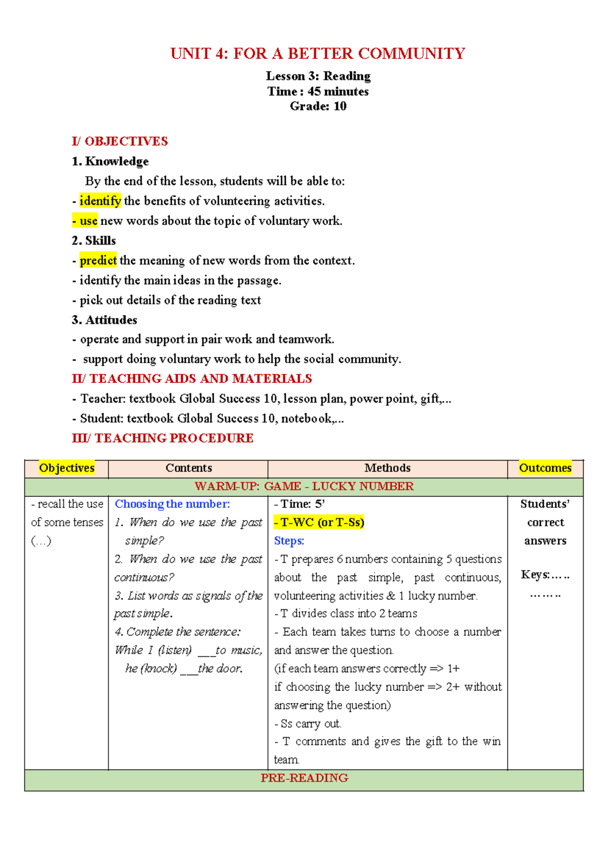 UNIT 4: FOR A BETTER COMMUNITY Lesson Plan - Reading (Grade 10) - Studocu