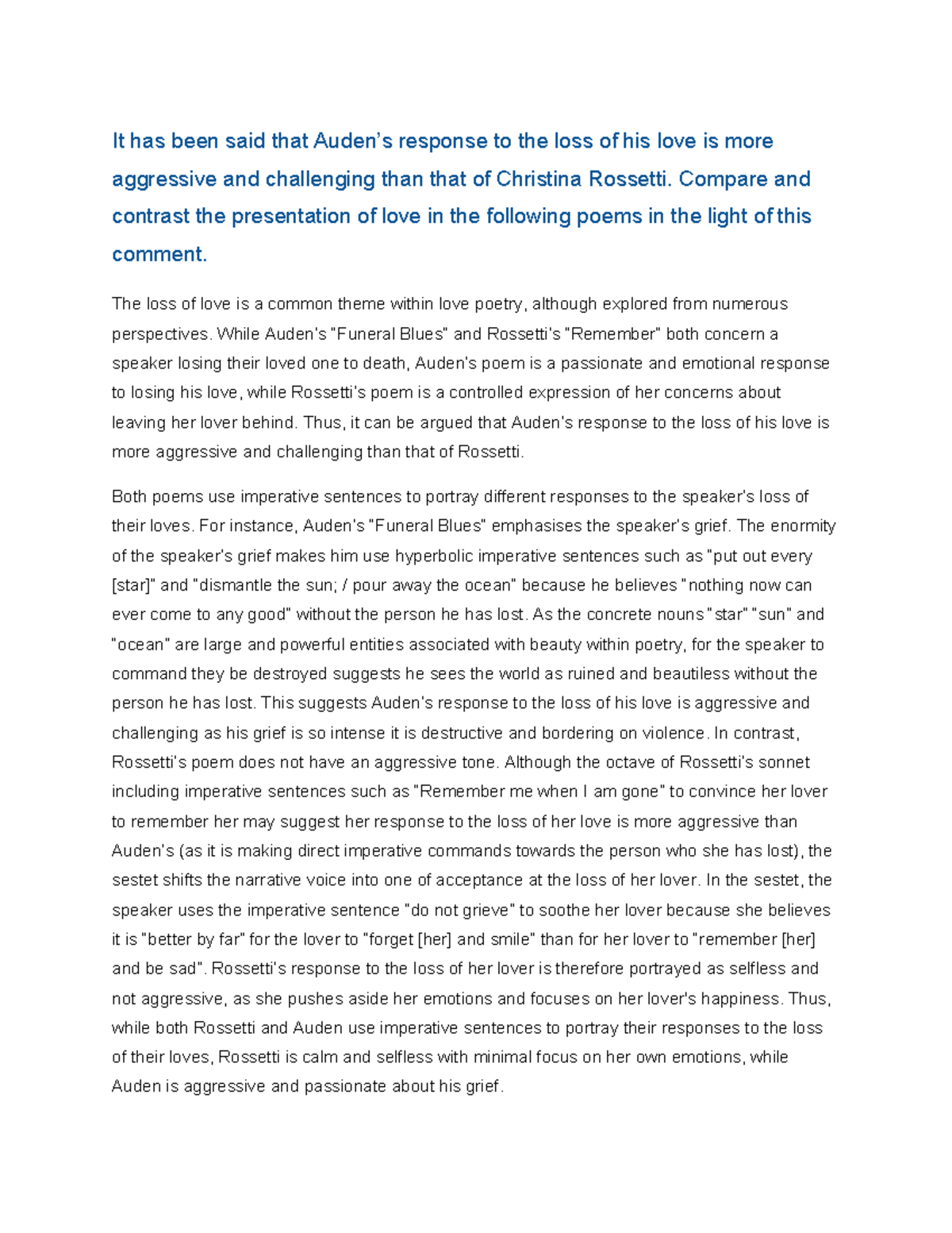 Comparative Analysis of Love in Poetry: Auden vs. Rossetti (23-25 ...