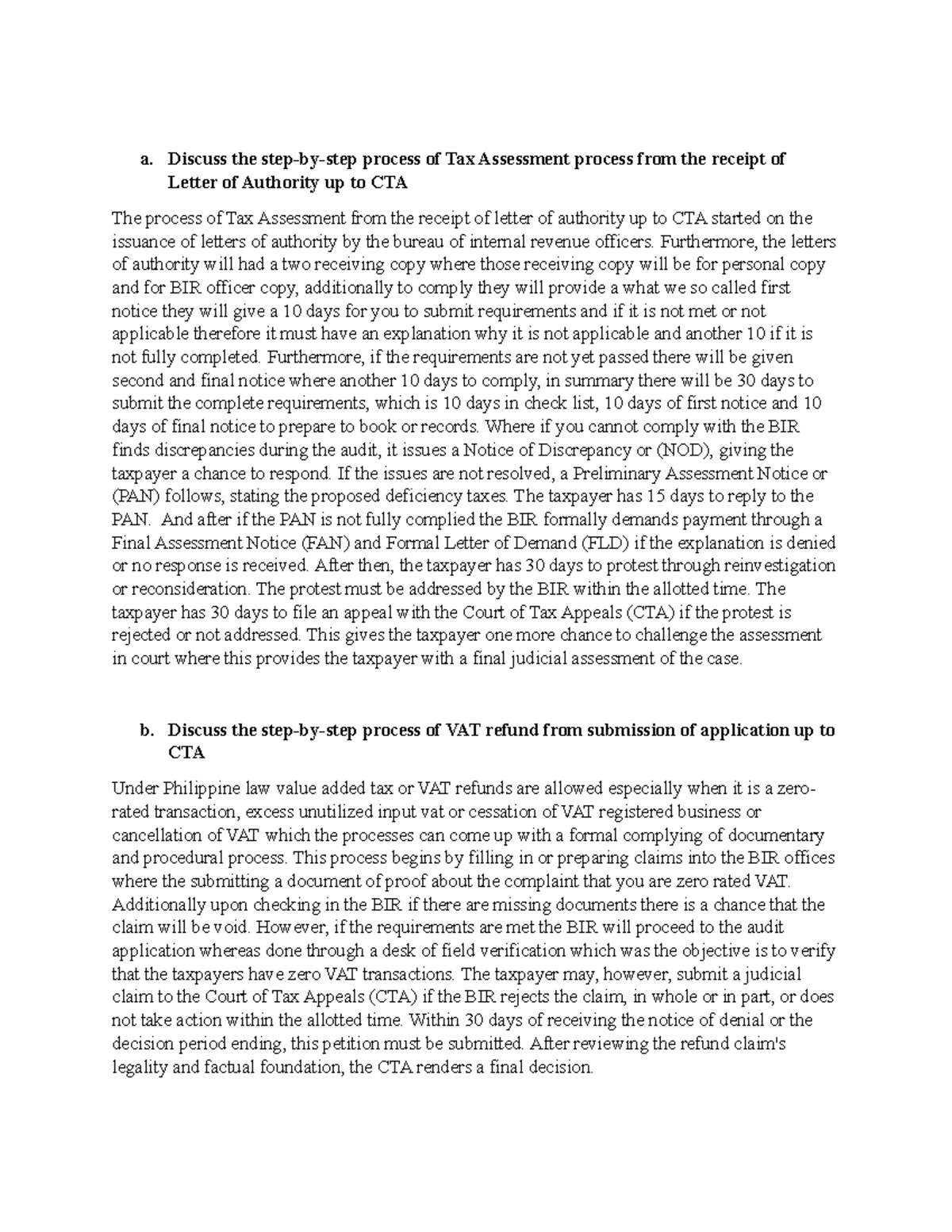 Tax Assessment & VAT Refund Process: From BIR to CTA (TAX) - Studocu