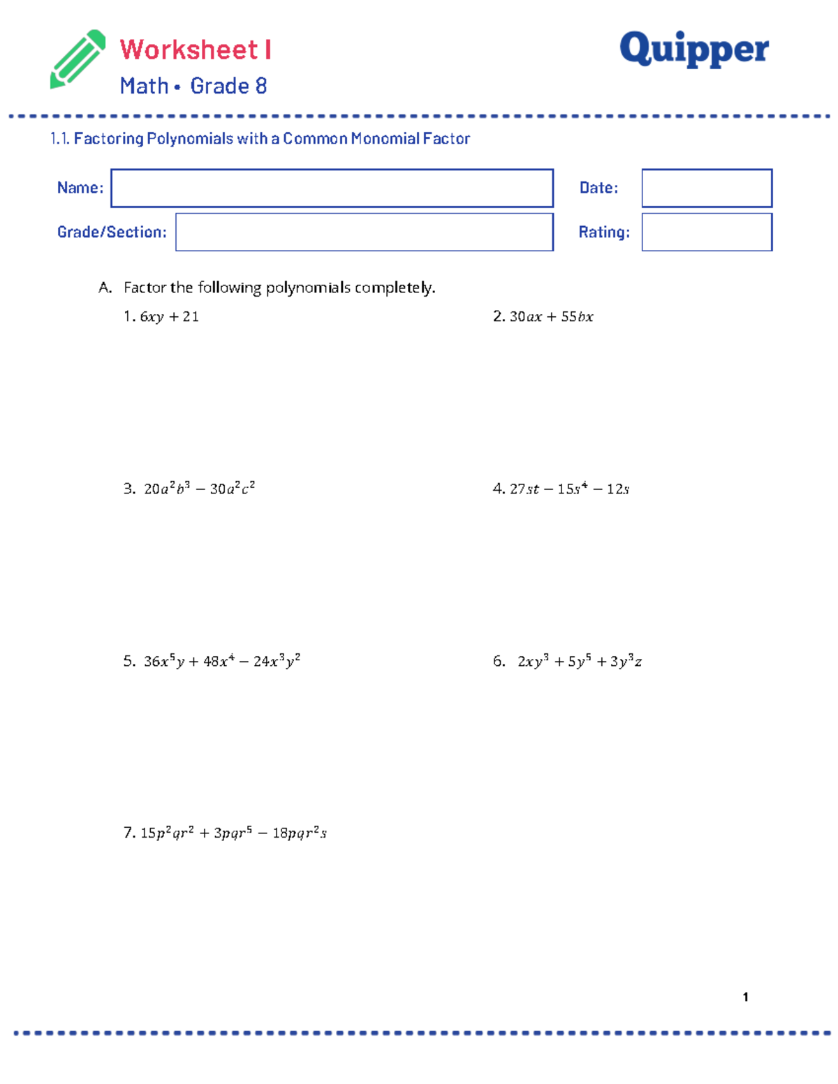 ME Math 8 Q1 0101 WS1 - Factoring Polynomials Worksheet - Studocu