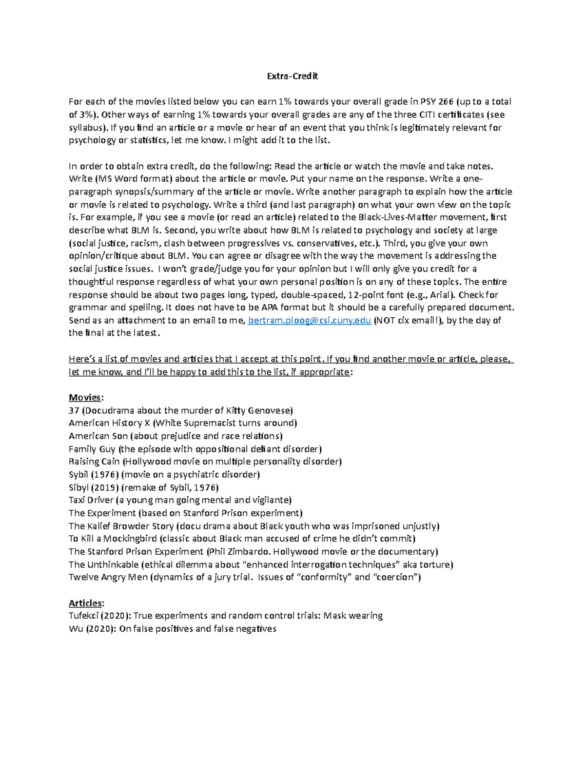 Extra Credit Opps - notes - Extra-Credit For each of the movies listed ...