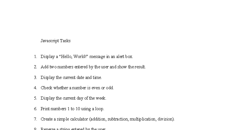Javascript Tasks - Useful Questions and Exercises - Studocu