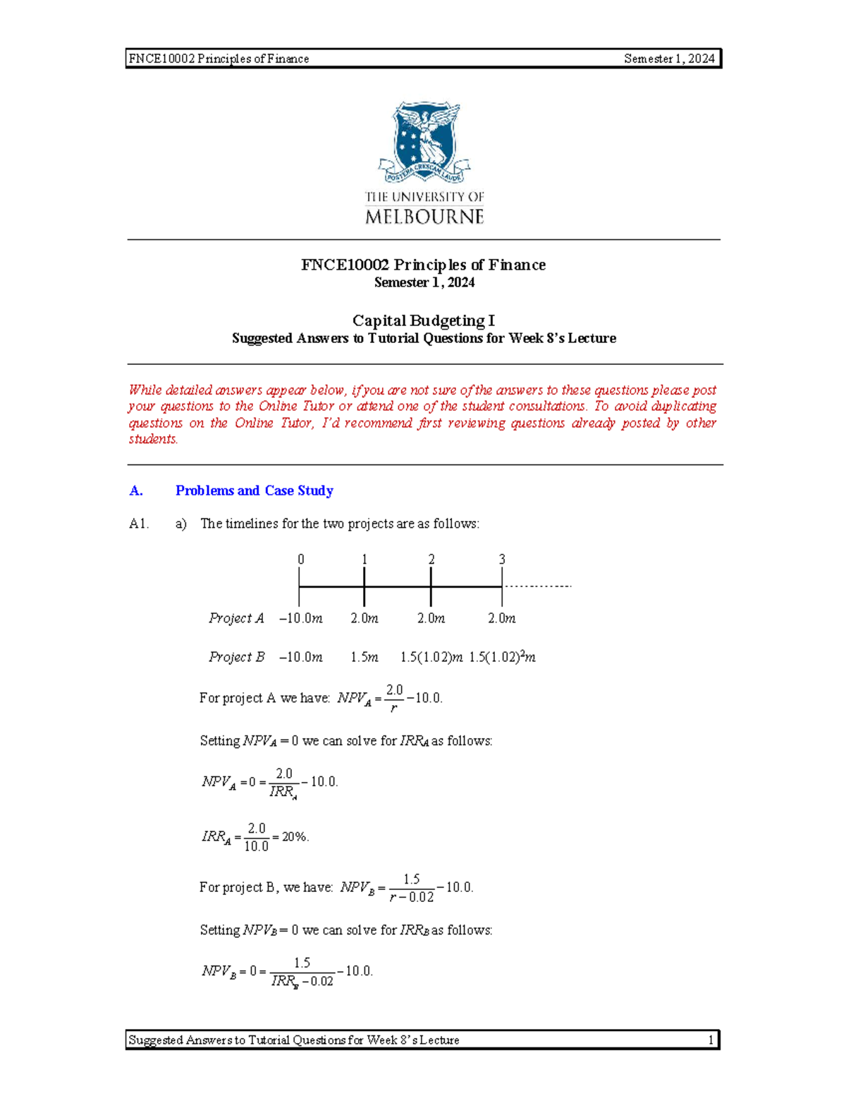 FNCE10002 Tutorial 08 - Capital Budgeting I Suggested Answers - Studocu