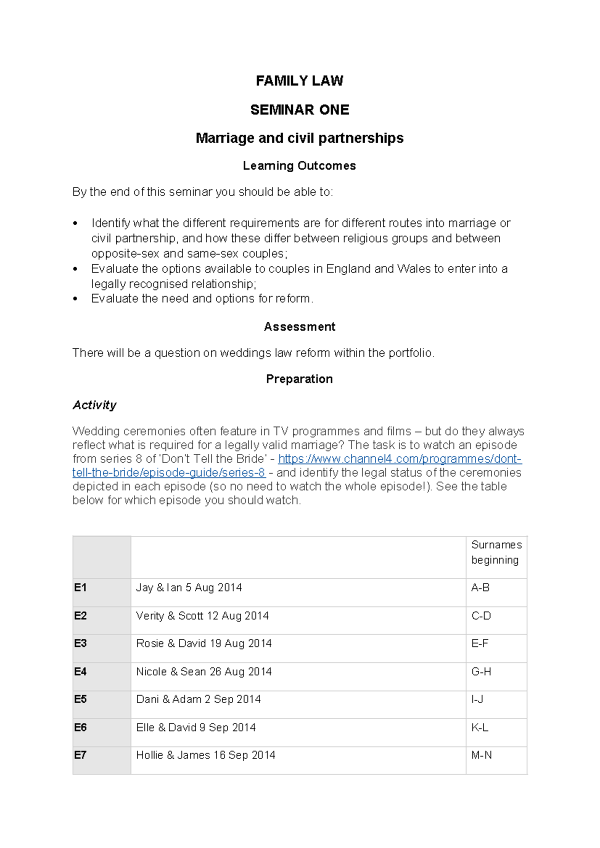 Seminar 1 - FAMILY LAW SEMINAR ONE Marriage and civil partnerships ...