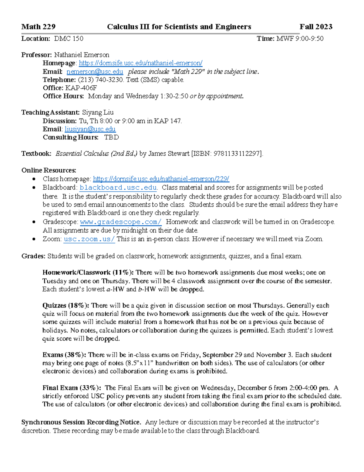 Math 229 Syllabus: Calculus for Scientists & Engineers - Fall 2023 ...