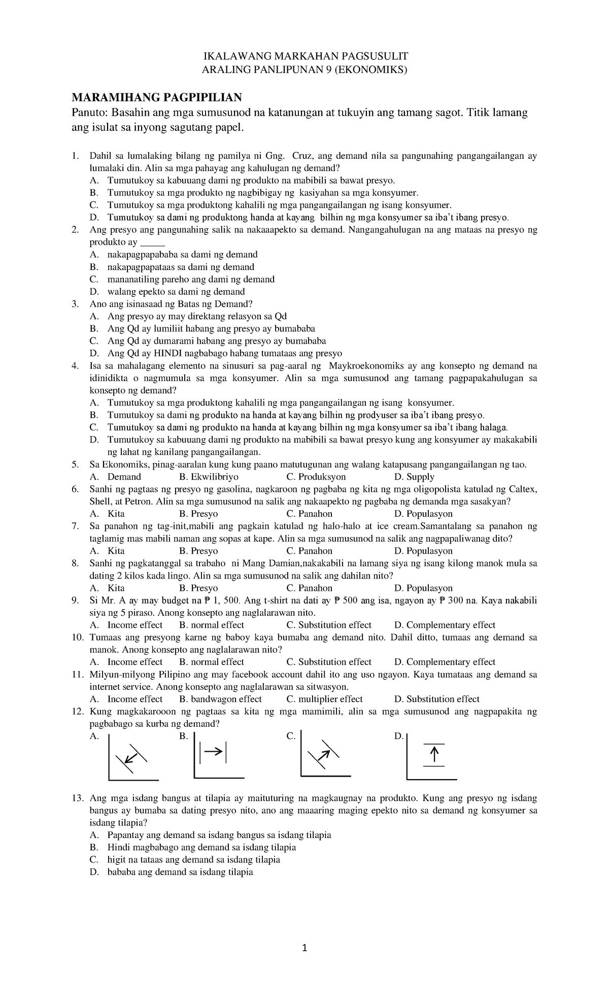 Sample TQ for Midterm Exam in AP 9: Demand and Supply Concepts - Studocu