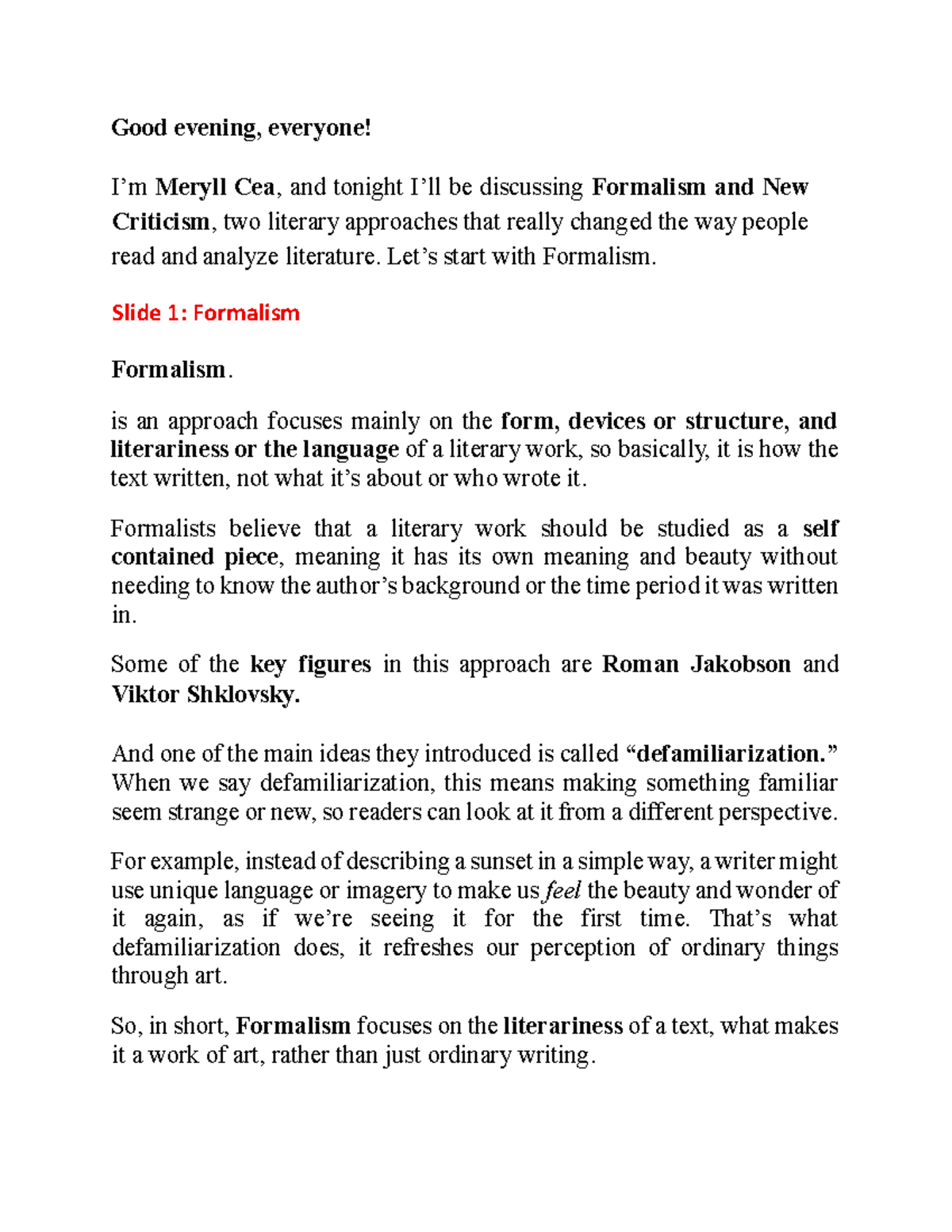 ENG 101: Lecture on Formalism and New Criticism in Literature - Studocu
