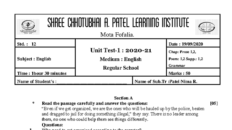 12 Std English Unit Test 1: Prose & Poem Questions - Studocu