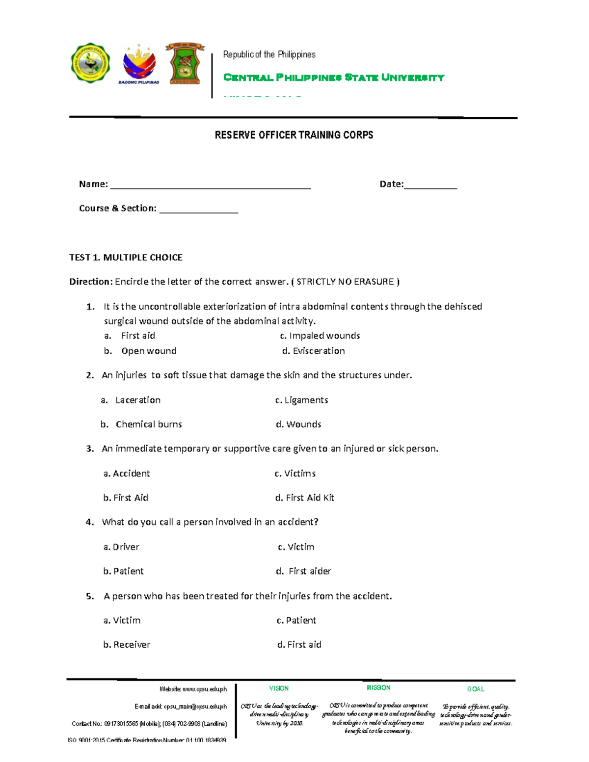 CPSU ROTC Test 1: Multiple Choice, Identification, True/False Questions ...