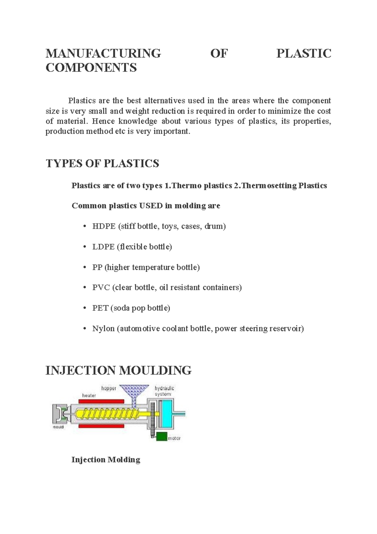 Manufacturing of Plastic Components: Processes and Applications - Studocu
