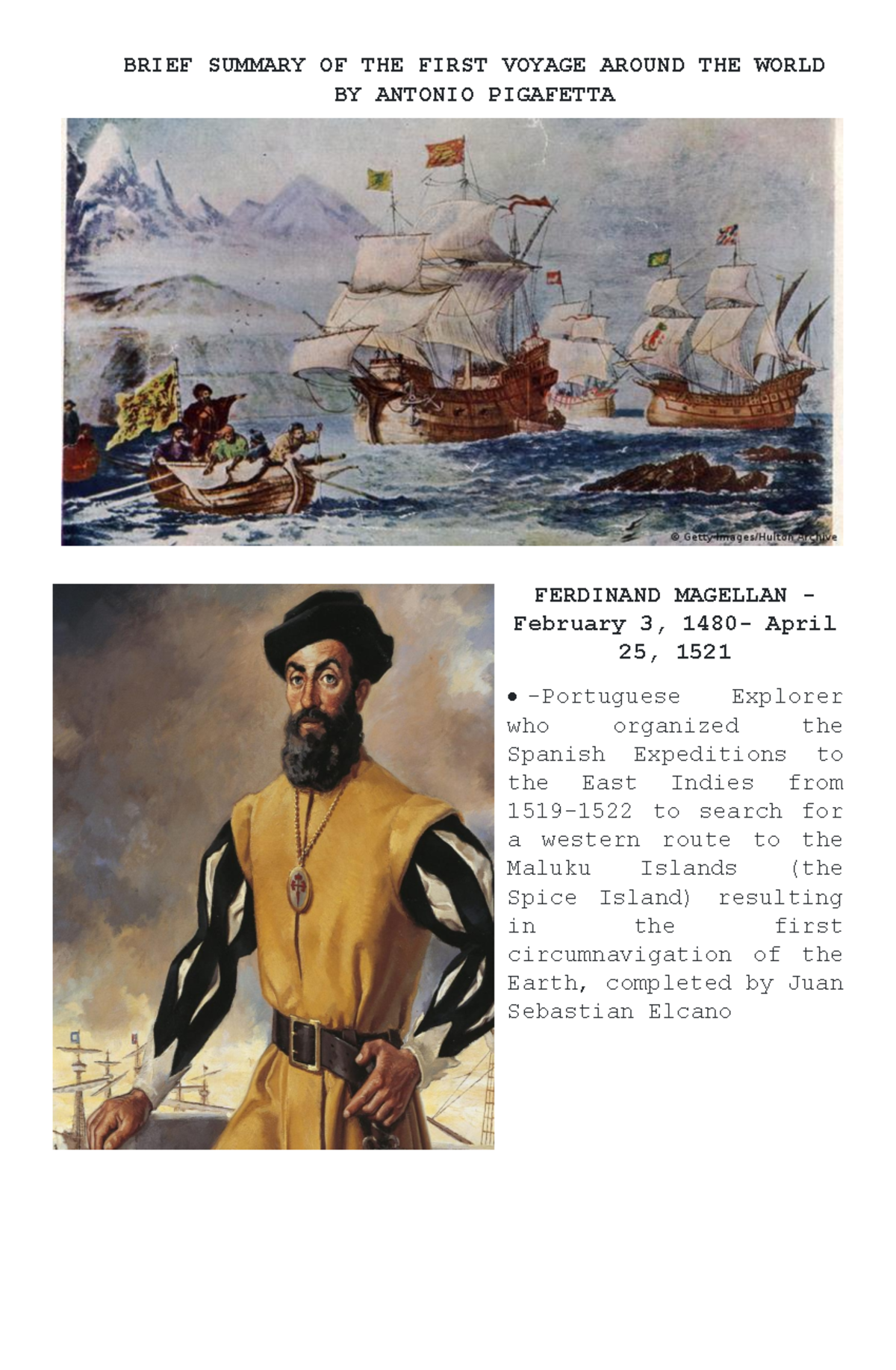 **HIST 101: Summary of Magellan's Voyage & Pigafetta's Account** - Studocu