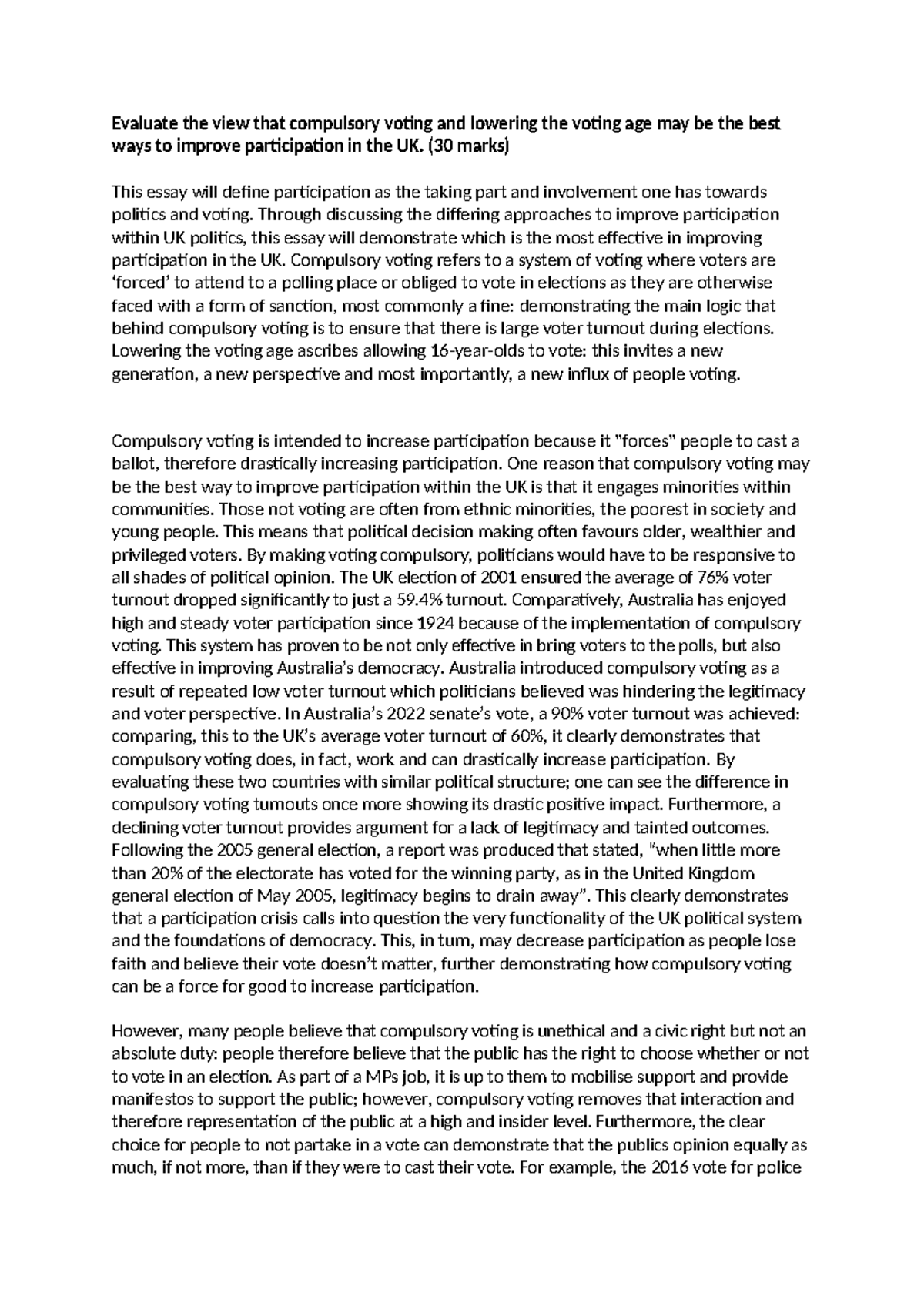 Evaluation of Compulsory Voting & Lowering Voting Age to Boost UK ...