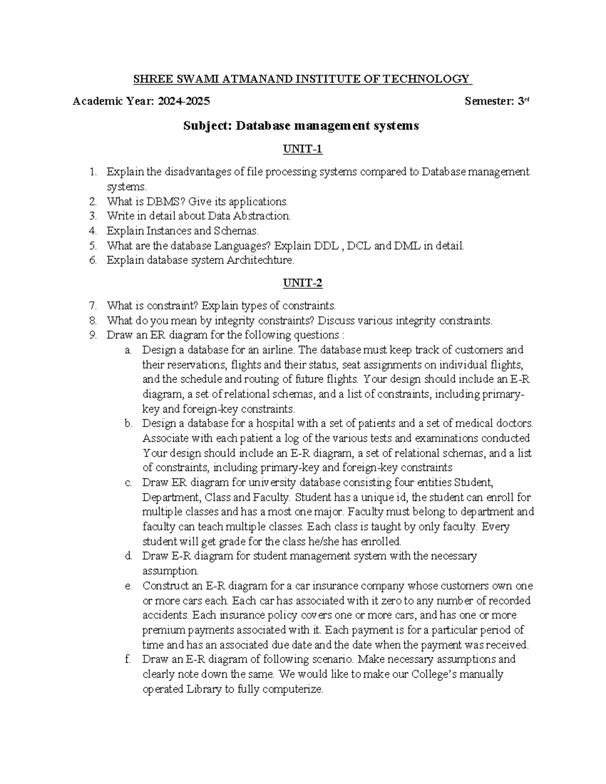 DBMS 3rd Sem: Important Questions & Concepts for Exam - Studocu