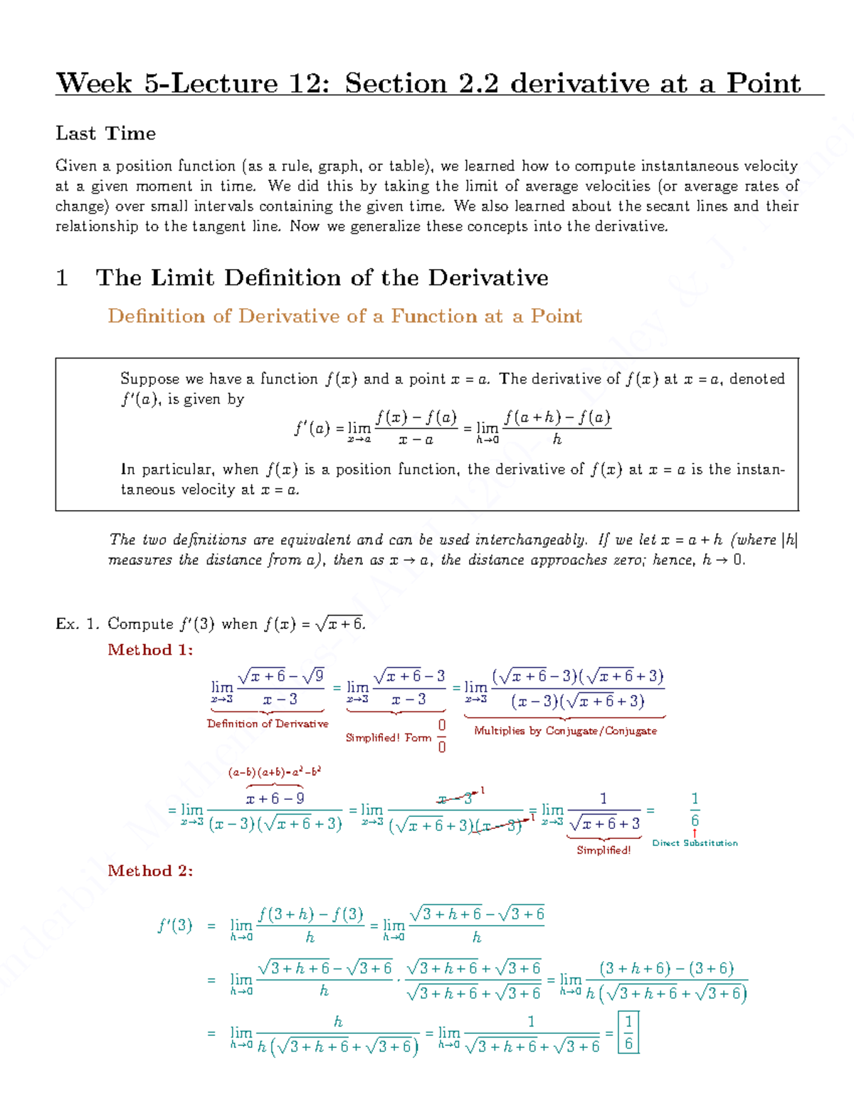 Week 12: Derivative at a Point - Limit Definition Explained - Studocu