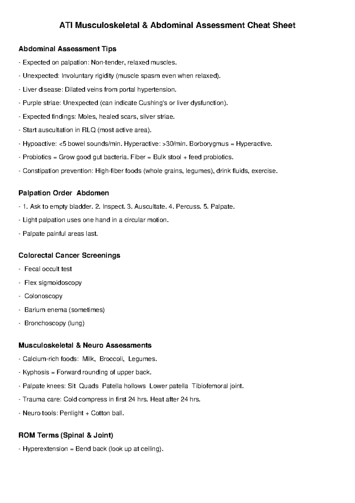 ATI Musculoskeletal & Abdominal Assessment Cheat Sheet - Studocu