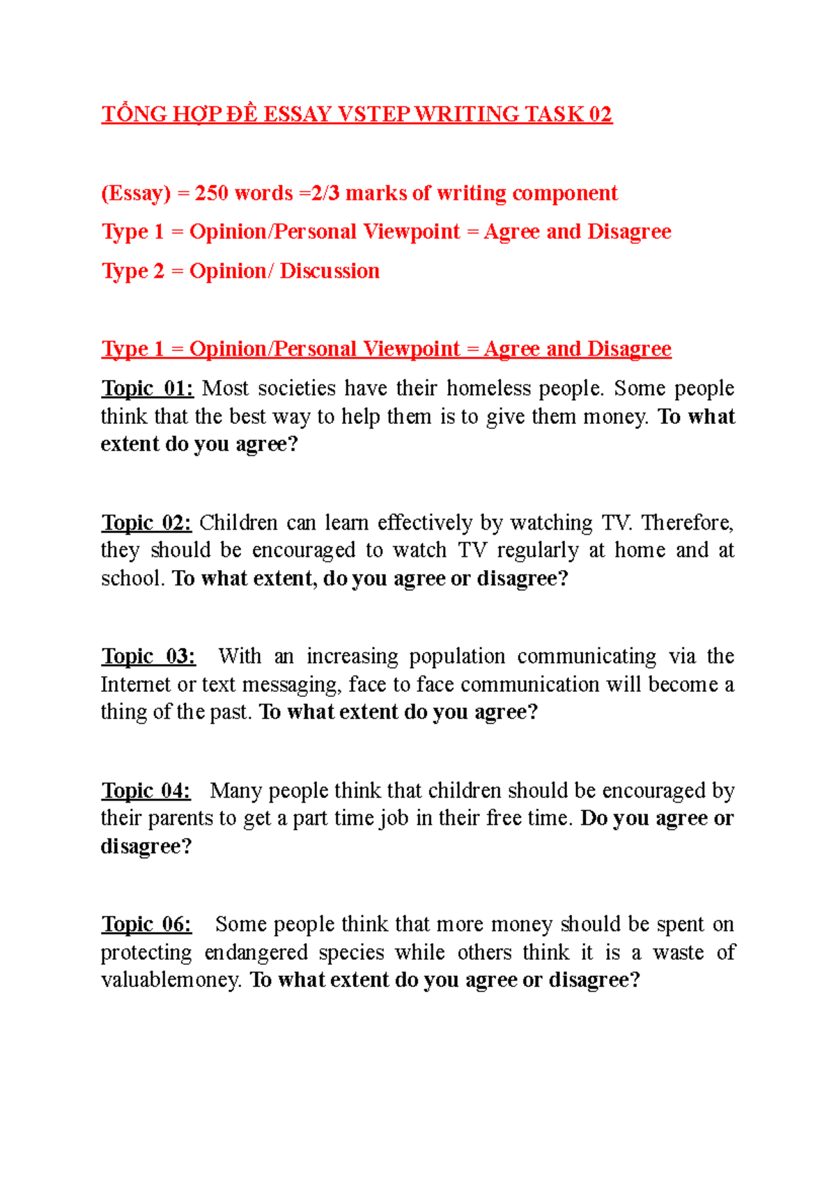 TỔNG HỢP ĐỀ VSTEP ESSAY B1: Topics and Guidelines for Writing Tasks ...