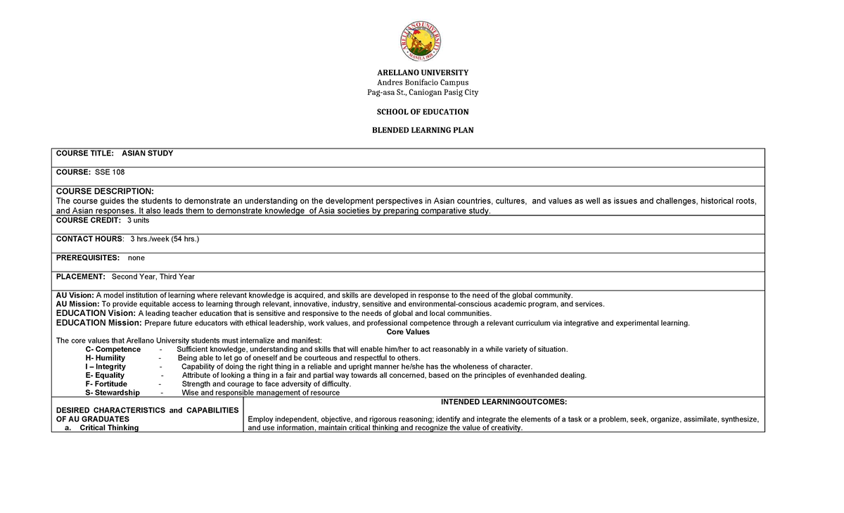 Blended Learning Plan for Asian Study (SSE 108) - Course Outline ...