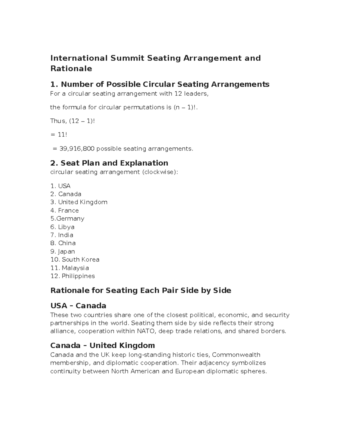 International Summit Seating Plan & Rationale Analysis 2 - Studocu