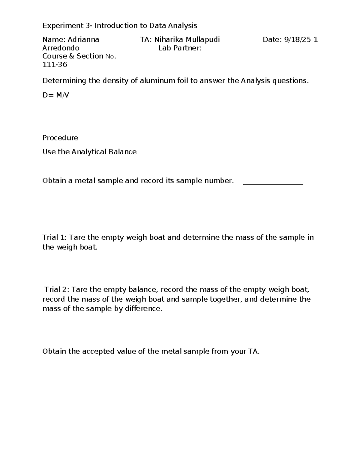 Experiment 3: Data Analysis of Aluminum Foil Density - Adrianna ...