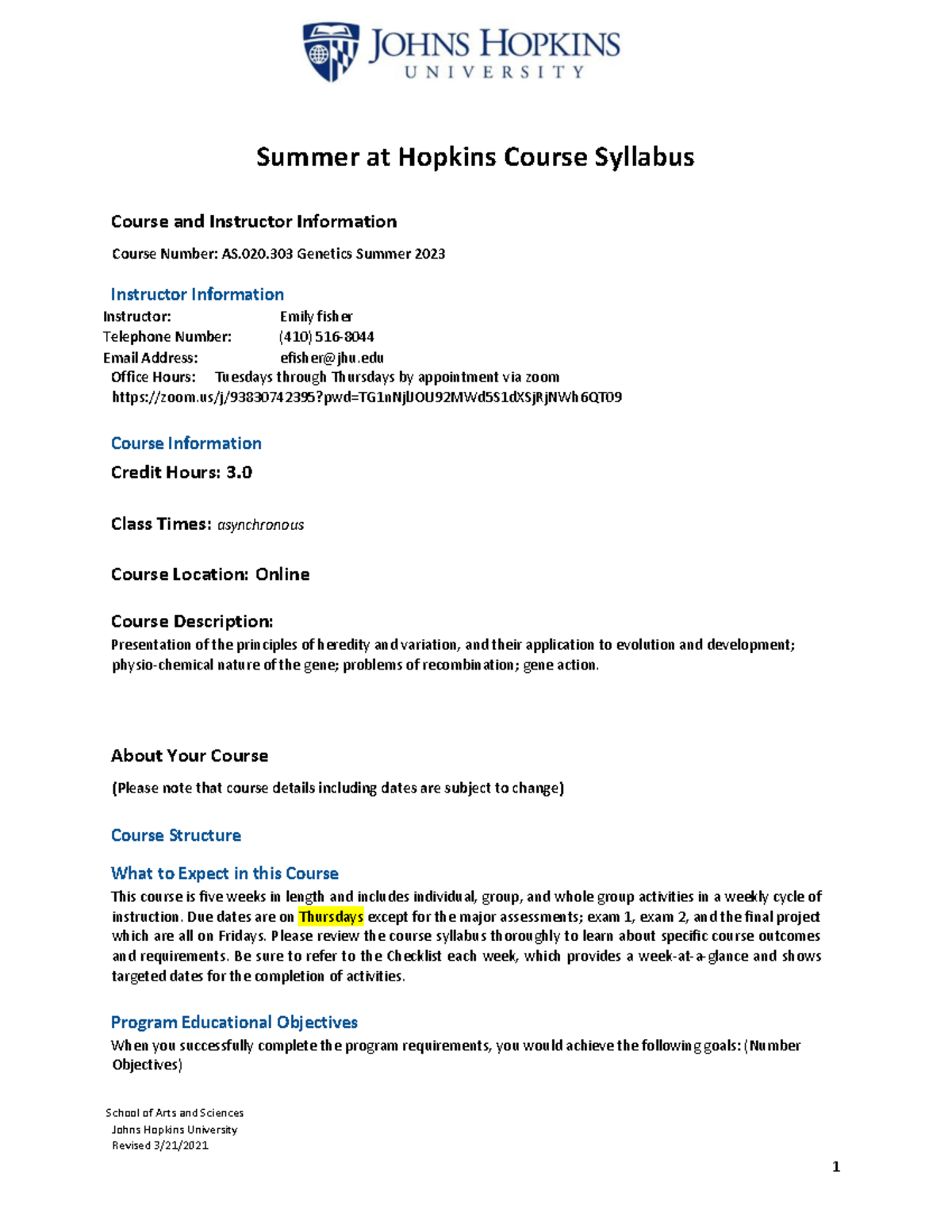 Summer at Hopkins Course Syllabus Genetics Su23 - School of Arts and ...
