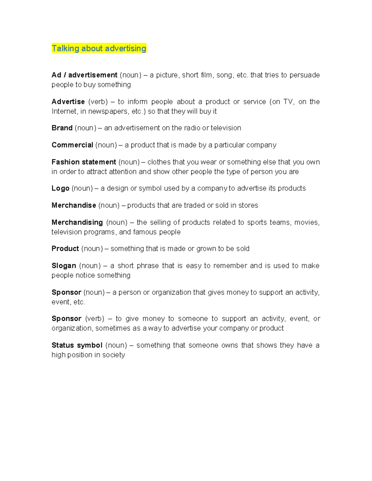 Vocabulary primera unidad - Talking about advertising Ad ...