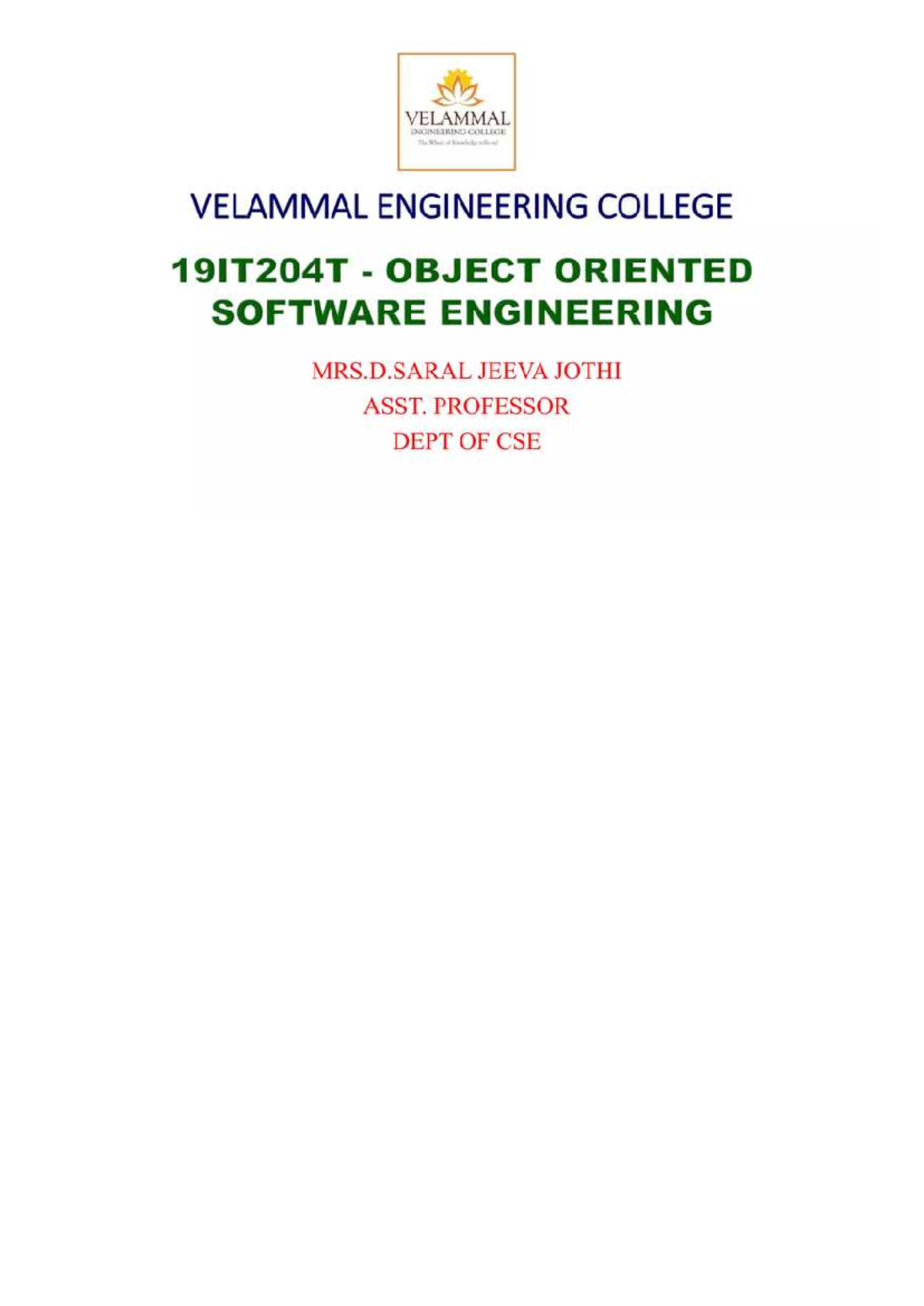 19IT204T Object Oriented Software Engineering Overview and Concepts - Studocu