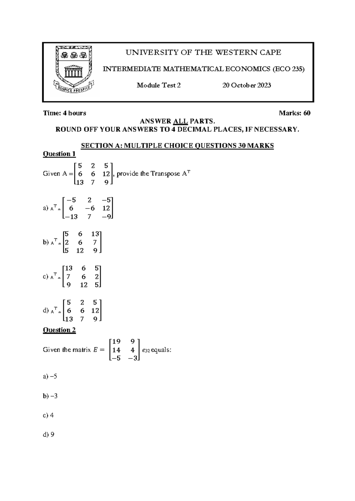 2023 ECO 235 Intermediate Mathematical Economics Module Test 2 - Studocu