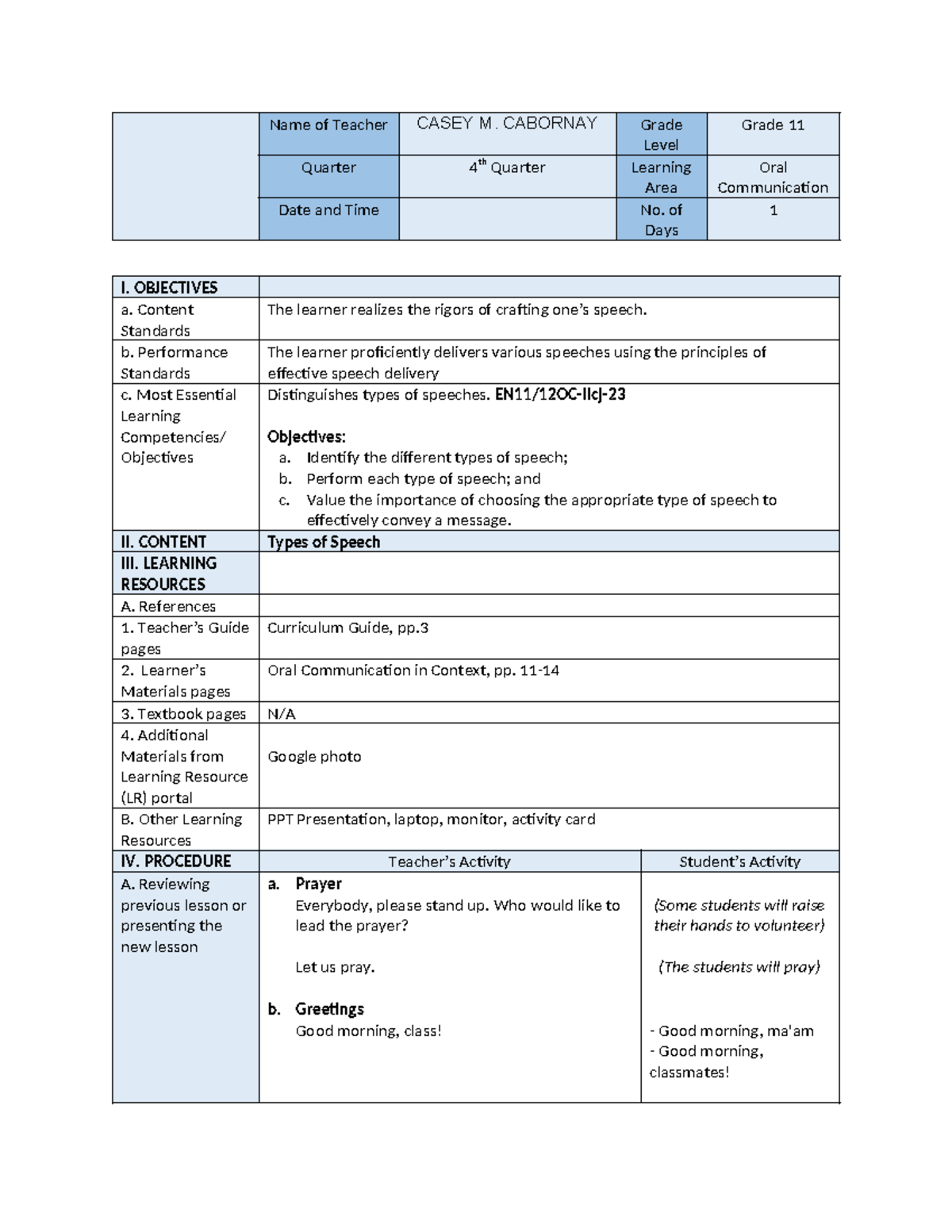 Grade 11 Oral Communication: Types of Speech Lesson Plan - Studocu