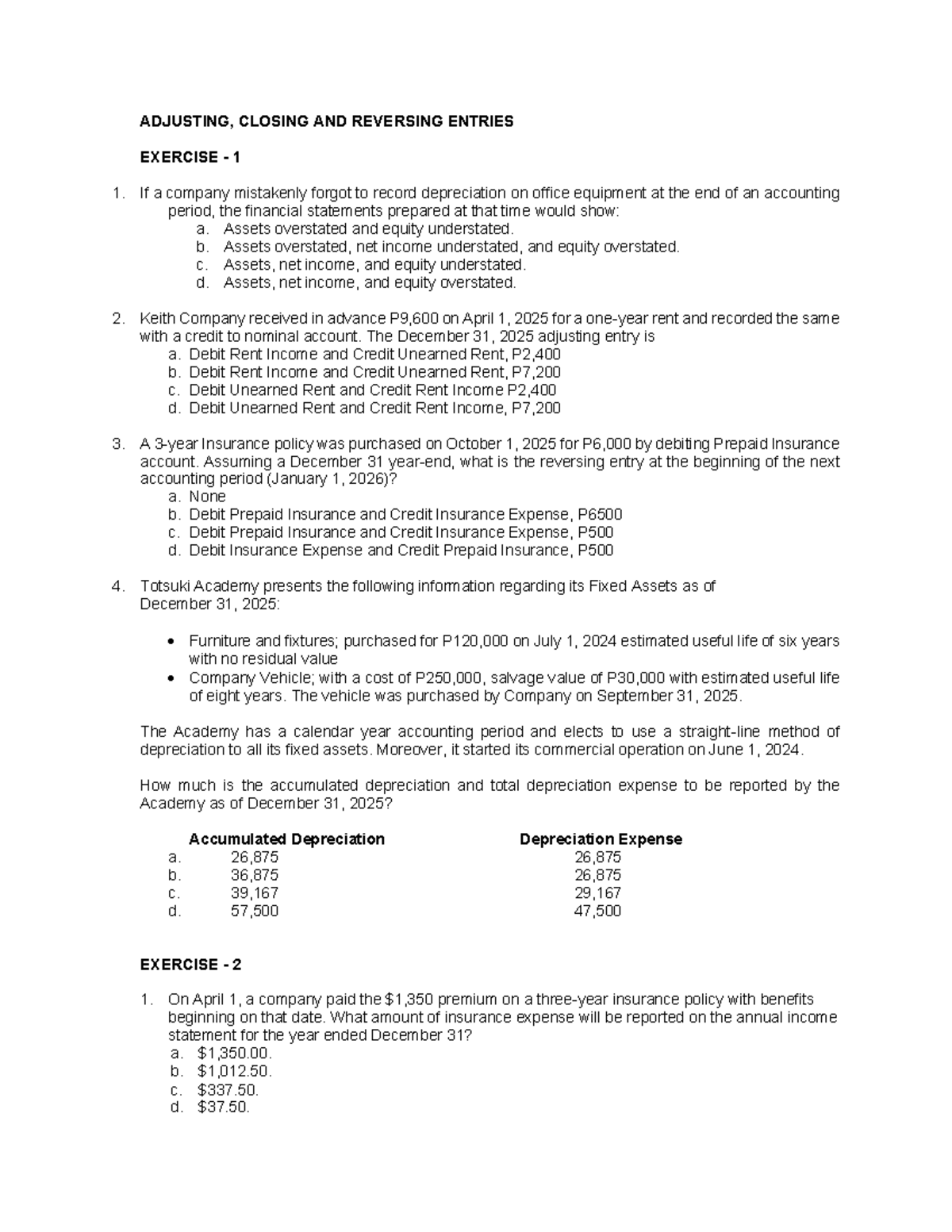 Adjusting Entries Exercise 1 & 2 for ACCT 101 - Studocu