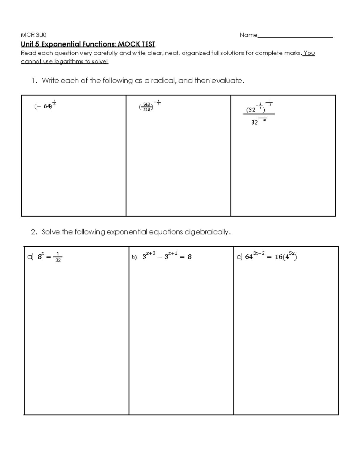 MCR 3U0 Unit 5 Exponential Functions: Mock Test Solutions - Studocu